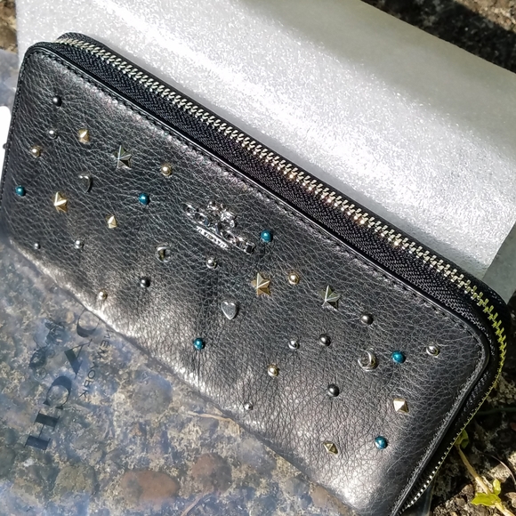 Coach | Bags | Coach Star Studded Black Pebble Leather Wallet Nwt ...